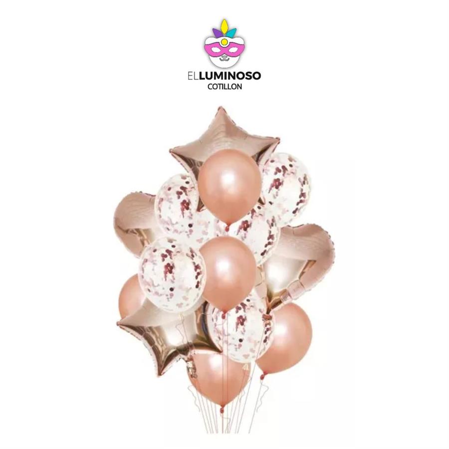 KIT 14 GLOBOS KONFETTI ROSA GOLD